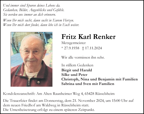 Traueranzeigen von Fritz Karl Renker | www.vrm-trauer.de