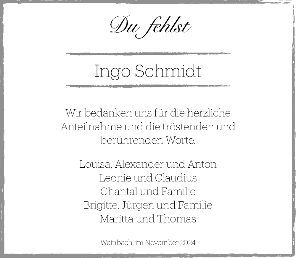 Traueranzeigen von Ingo Schmidt | www.vrm-trauer.de