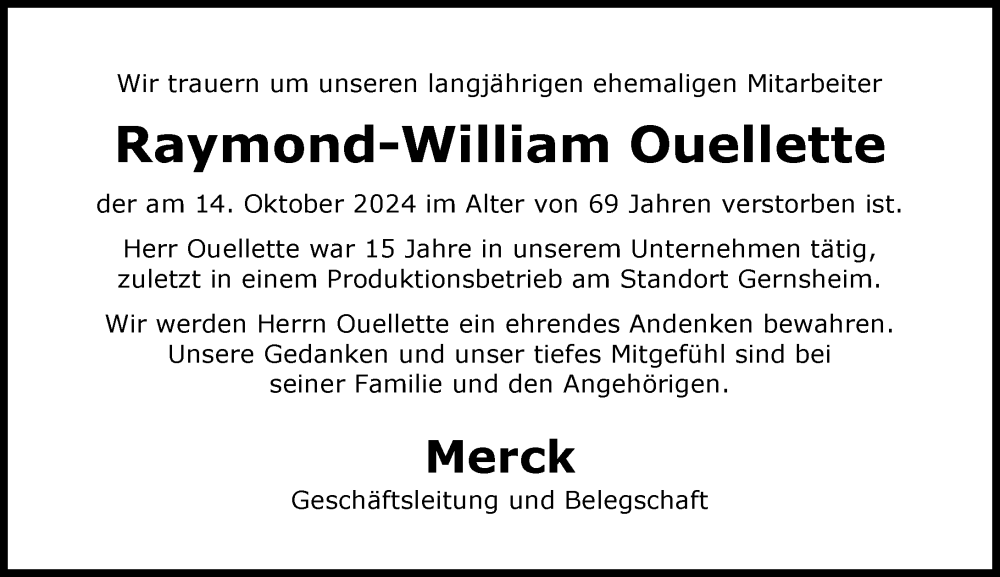 Traueranzeigen von Raymond-William Ouellette | www.vrm-trauer.de