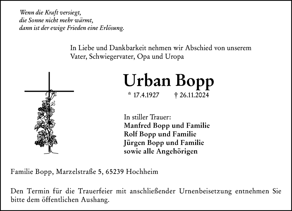Traueranzeigen von Urban Bopp | www.vrm-trauer.de