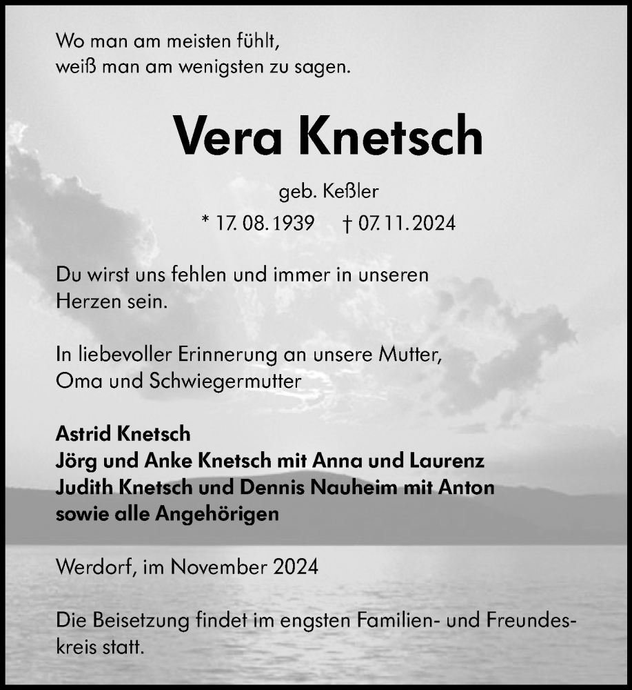 Traueranzeigen von Vera Knetsch | www.vrm-trauer.de