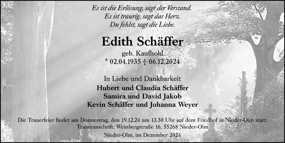 Traueranzeigen von Edith Schäffer | www.vrm-trauer.de