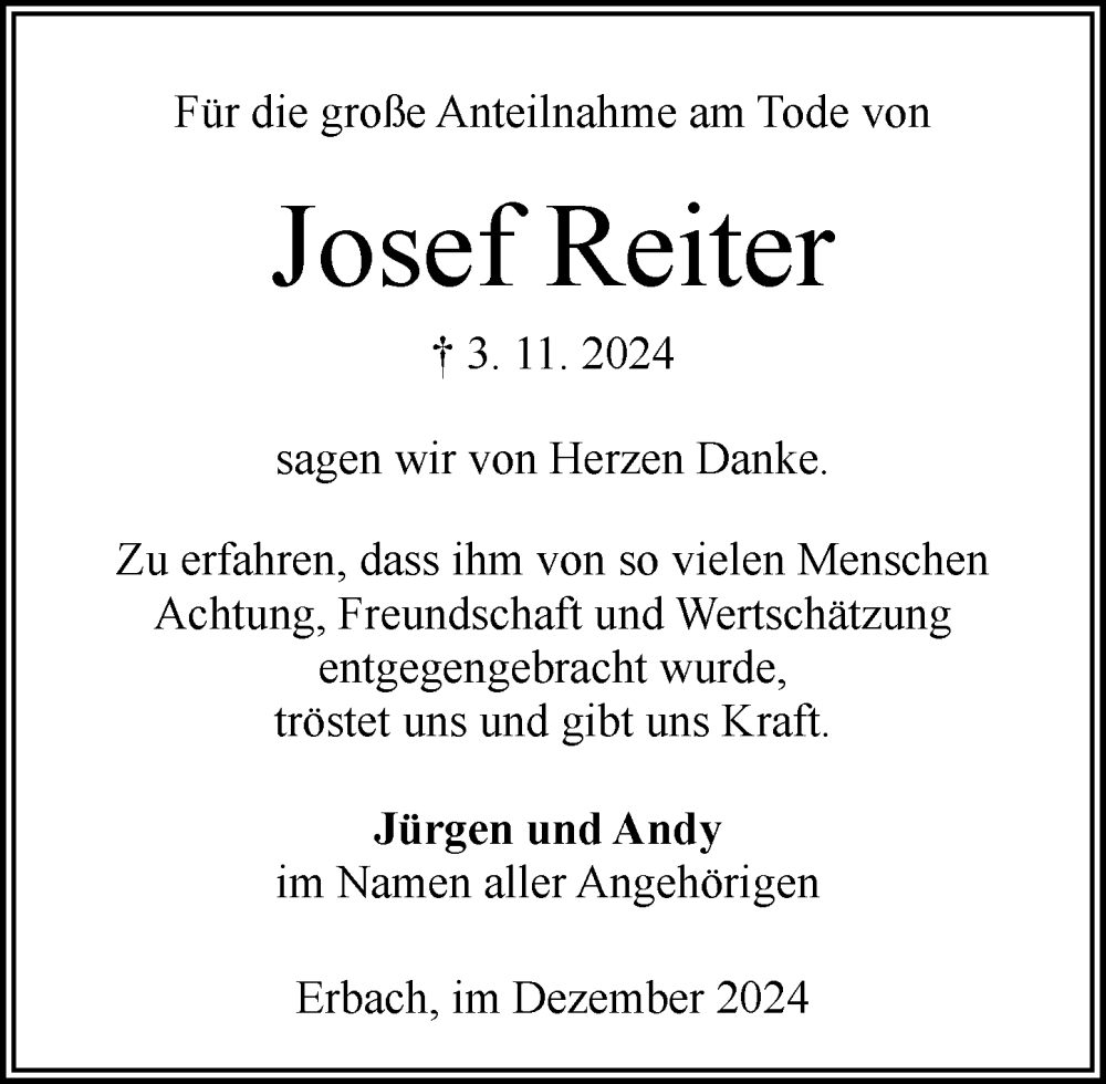 Traueranzeigen von Josef Reiter | www.vrm-trauer.de