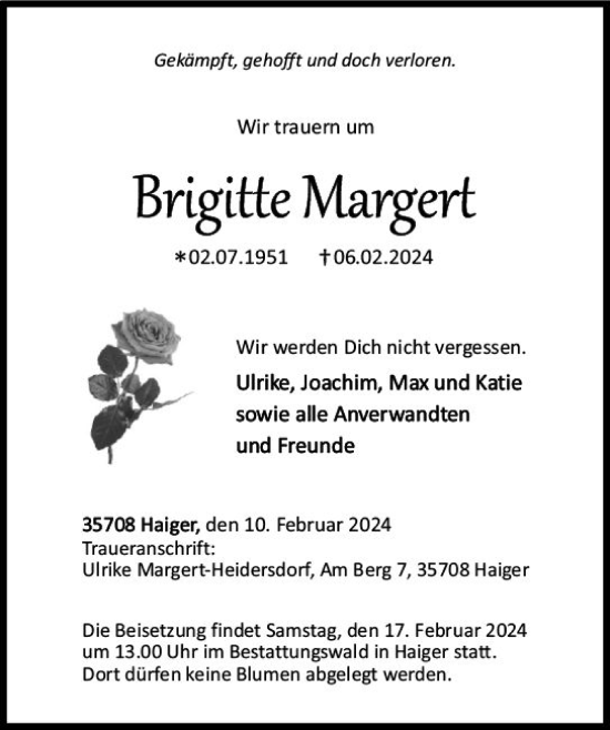 Traueranzeigen von Brigitte Margert | www.vrm-trauer.de