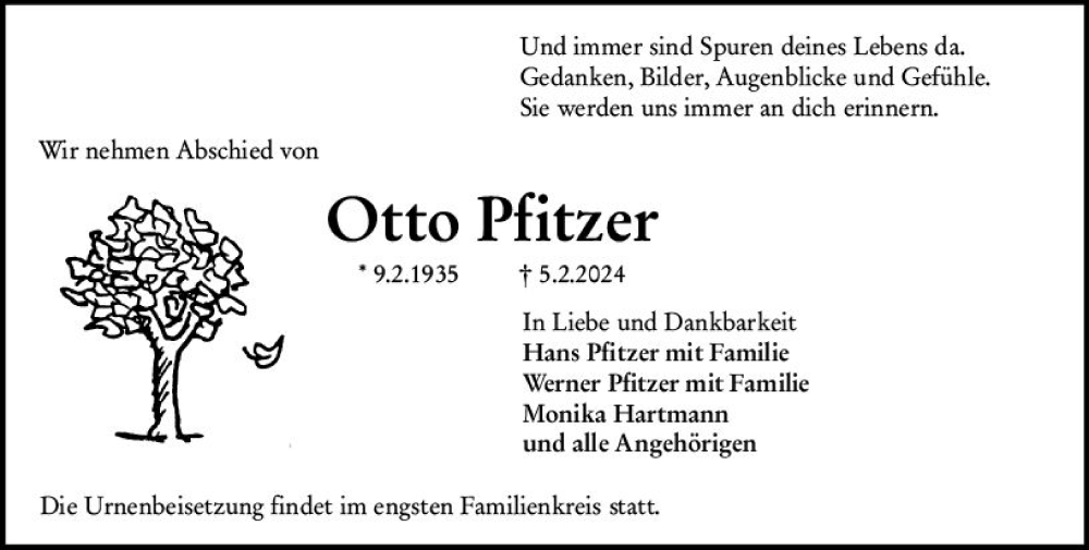 Traueranzeigen von Otto Pfitzer | www.vrm-trauer.de