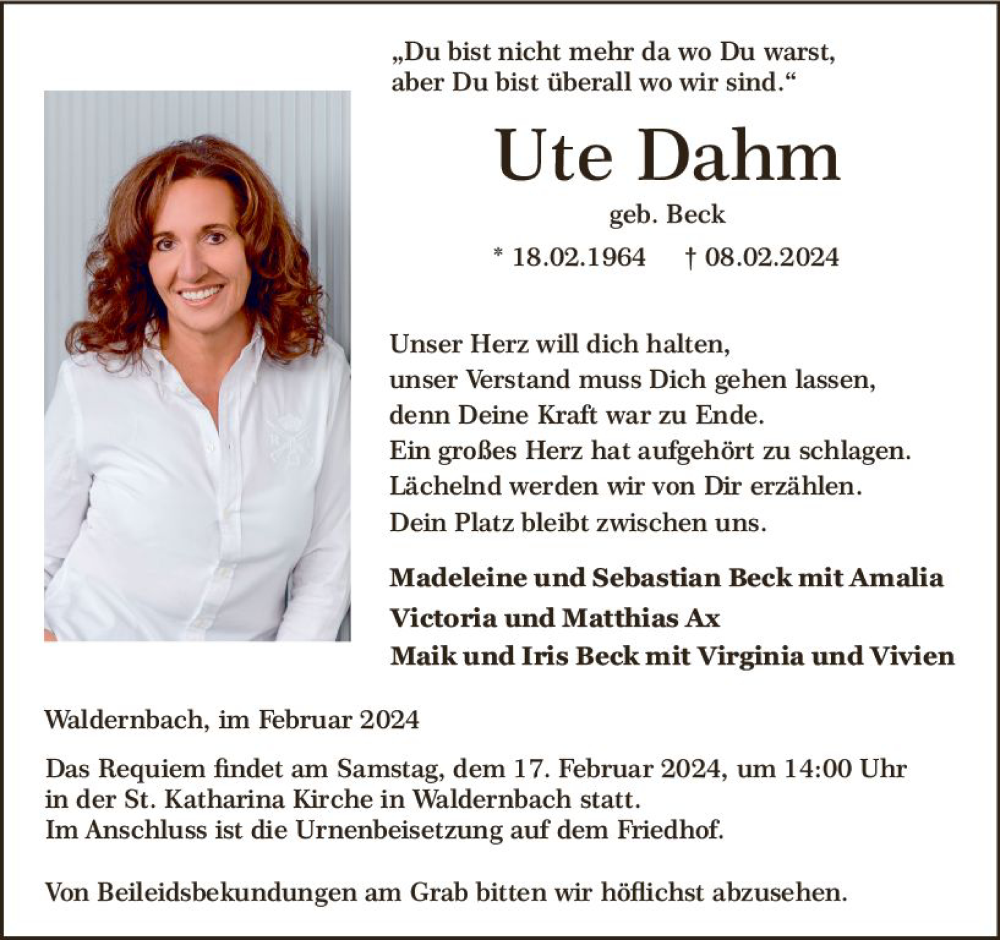 Traueranzeigen von Ute Dahm | www.vrm-trauer.de