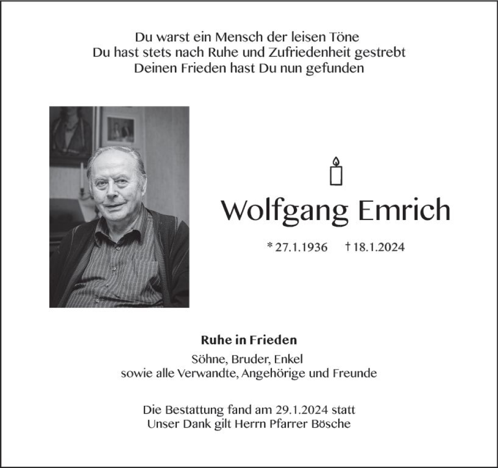 Traueranzeigen von Wolfgang Emrich | www.vrm-trauer.de