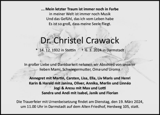 Traueranzeigen von Christel Crawack | www.vrm-trauer.de