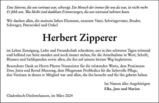 Traueranzeigen von Herbert Zipperer | www.vrm-trauer.de