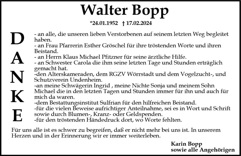 Traueranzeigen von Walter Bopp | www.vrm-trauer.de
