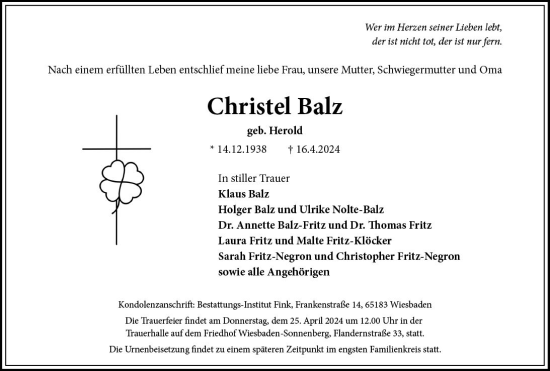Traueranzeigen von Christel Balz | www.vrm-trauer.de
