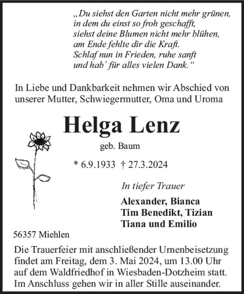 Traueranzeigen von Helga Lenz | www.vrm-trauer.de