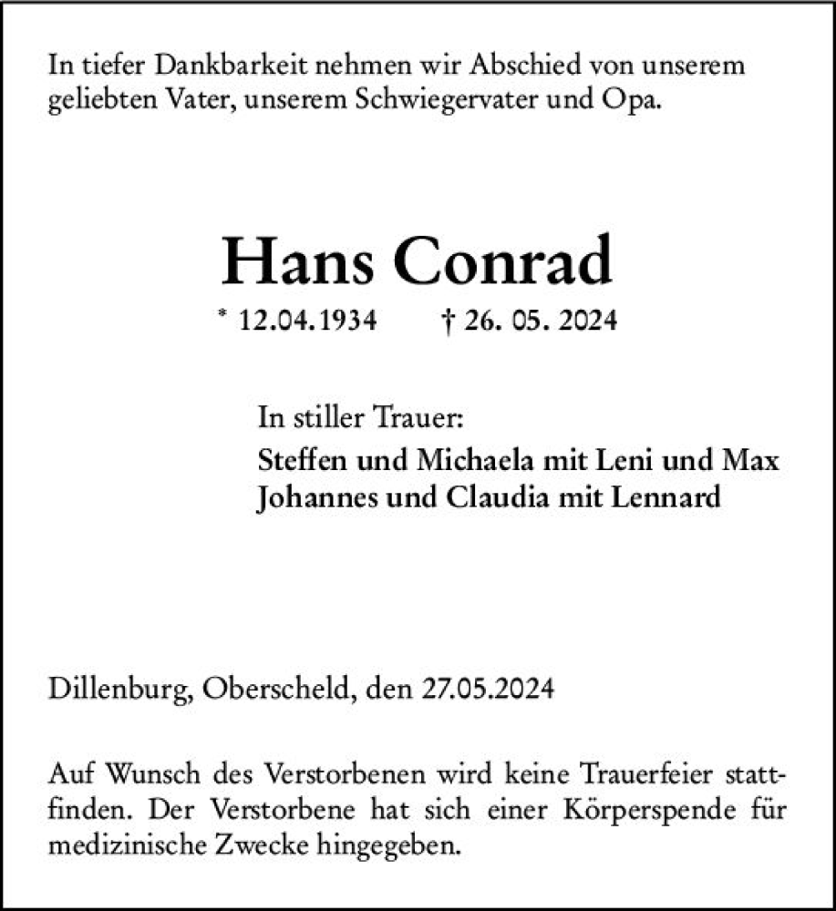 Traueranzeigen von Hans Conrad | www.vrm-trauer.de