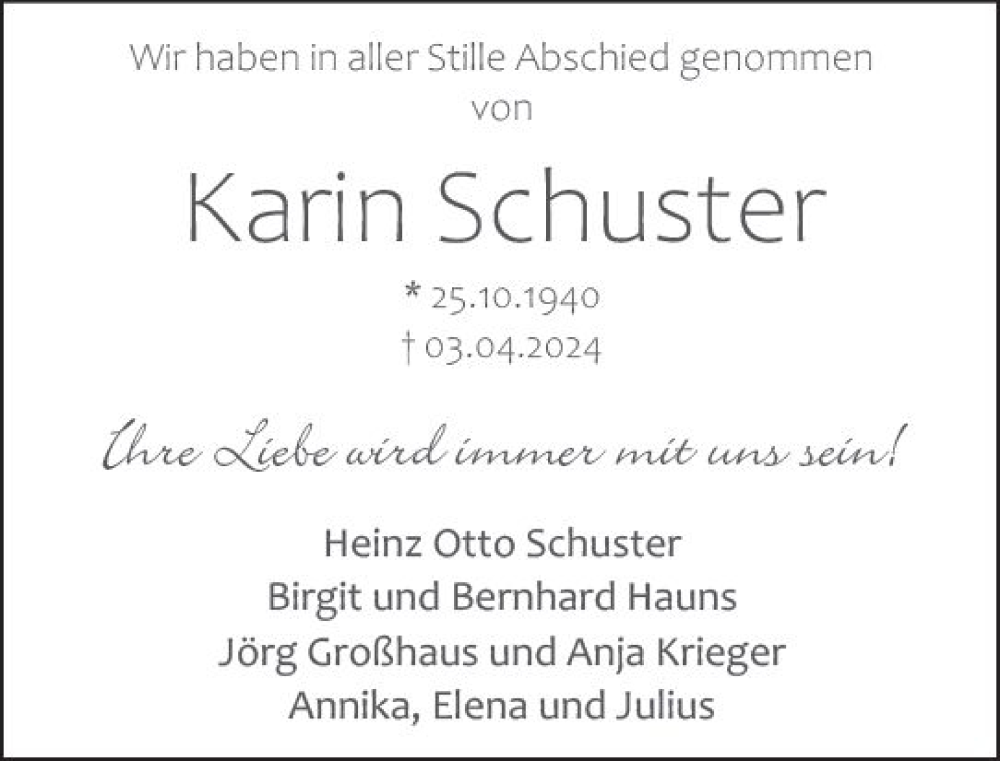 Traueranzeigen von Karin Schuster | www.vrm-trauer.de