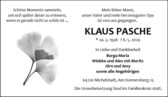 Traueranzeigen von Klaus Pasche | www.vrm-trauer.de