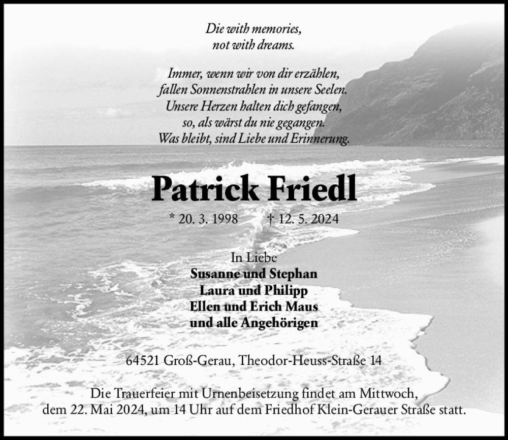 Traueranzeigen von Patrick Friedl | www.vrm-trauer.de