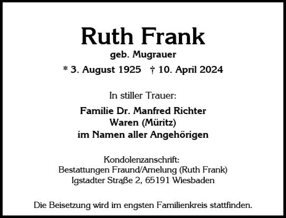 Traueranzeigen von Ruth Frank | www.vrm-trauer.de