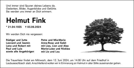 Traueranzeigen von Helmut Fink | www.vrm-trauer.de
