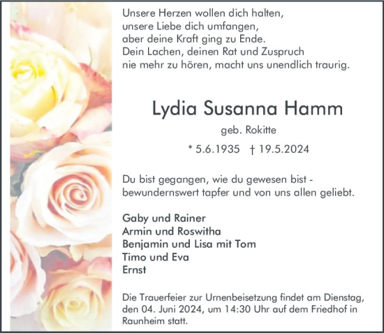 Traueranzeigen von Lydia Susanna Hamm | www.vrm-trauer.de