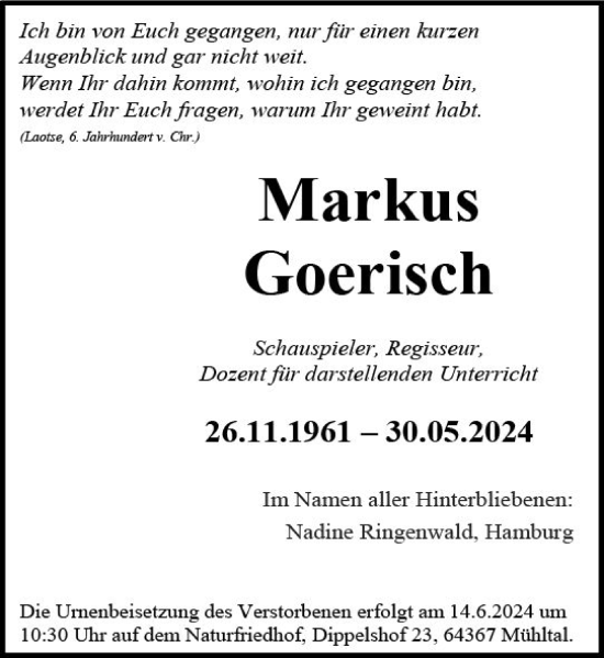 Traueranzeigen von Markus Goerisch | www.vrm-trauer.de
