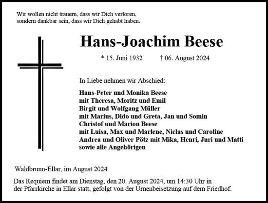 Traueranzeigen von Hans-Joachim Beese | www.vrm-trauer.de