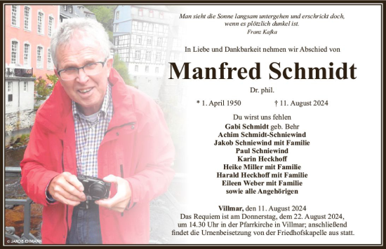 Traueranzeigen von Manfred Schmidt | www.vrm-trauer.de