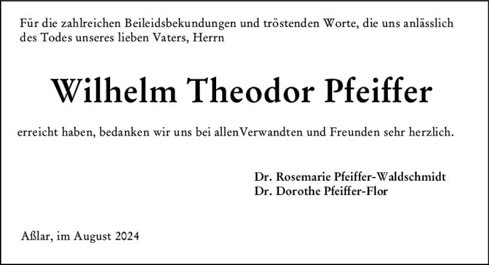 Traueranzeigen von Wilhelm Theodor Pfeiffer | www.vrm-trauer.de