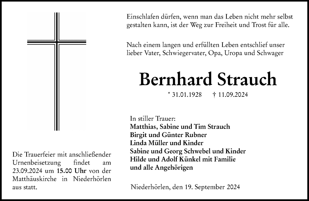Traueranzeigen von Bernhard Strauch | www.vrm-trauer.de