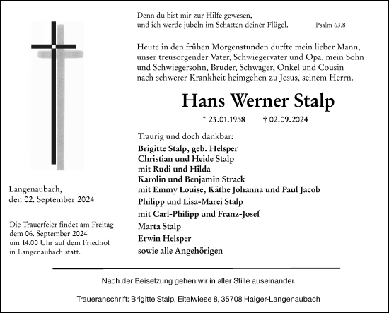 Traueranzeigen von Hans Werner Stalp | www.vrm-trauer.de