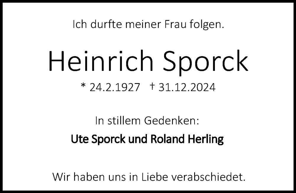 Traueranzeigen von Heinrich Sporck | www.vrm-trauer.de