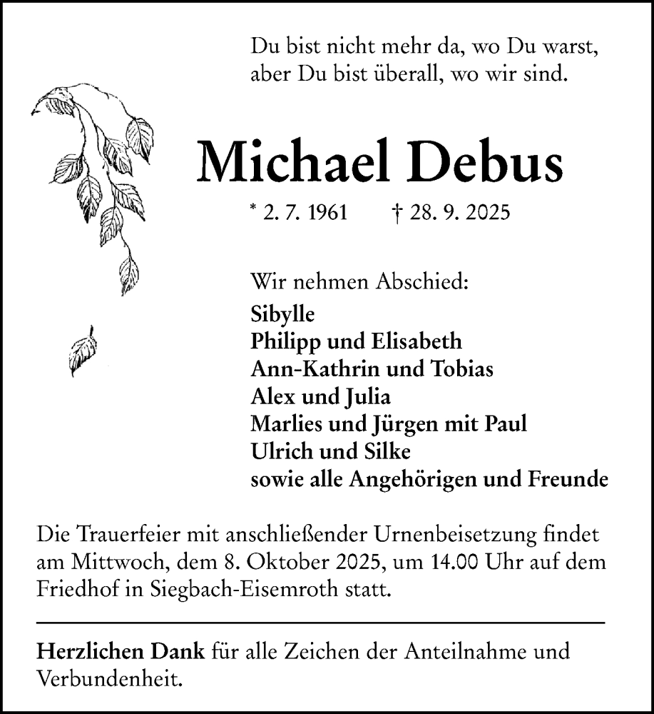 Traueranzeigen von Michael Debus | www.vrm-trauer.de