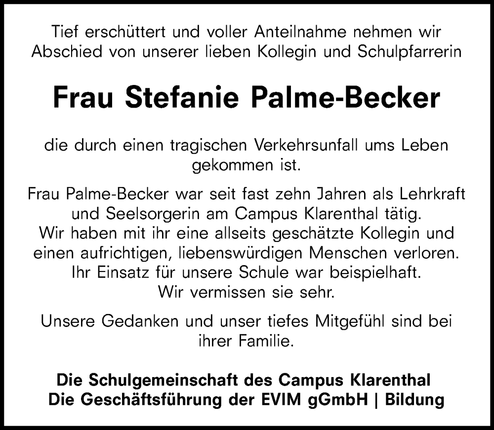 Traueranzeigen von Stefanie Palme-Becker | www.vrm-trauer.de