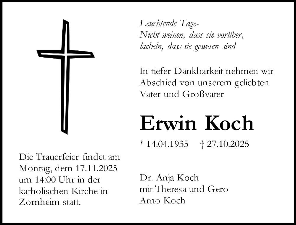 Traueranzeigen von Erwin Koch | www.vrm-trauer.de
