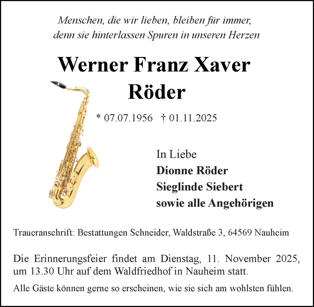 Traueranzeigen von Werner Franz Xaver Röder | www.vrm-trauer.de