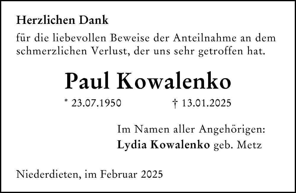 Traueranzeigen von Paul Kowalenko | www.vrm-trauer.de
