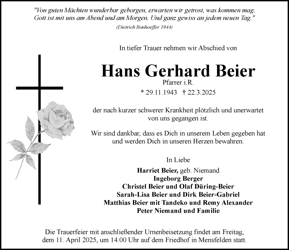 Traueranzeigen von Hans Gerhard Beier | www.vrm-trauer.de