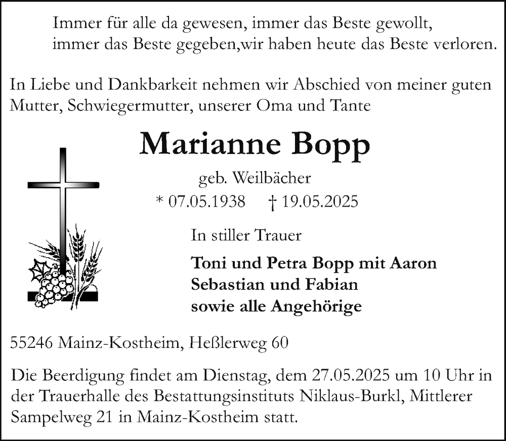 Traueranzeigen von Marianne Bopp | www.vrm-trauer.de