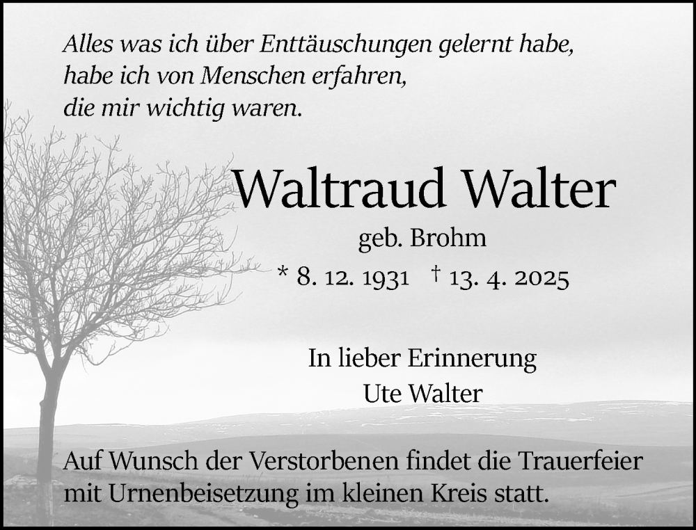 Traueranzeigen von Waltraud Walter | www.vrm-trauer.de