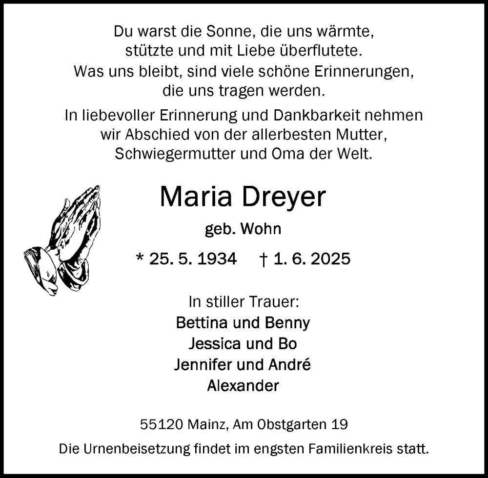 Traueranzeigen von Maria Dreyer | www.vrm-trauer.de
