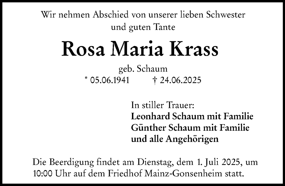 Traueranzeigen von Rosa Maria Krass | www.vrm-trauer.de