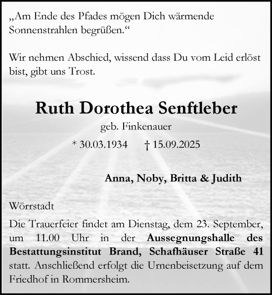 Traueranzeigen von Ruth Dorothea Senftleber | www.vrm-trauer.de